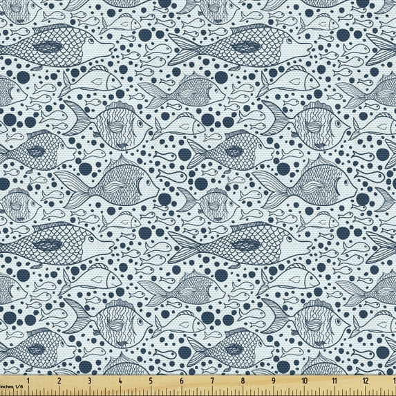 Ambesonne Fish Fabric by the Yard Upholstery, Sketch of Sea Animals, 1 ...