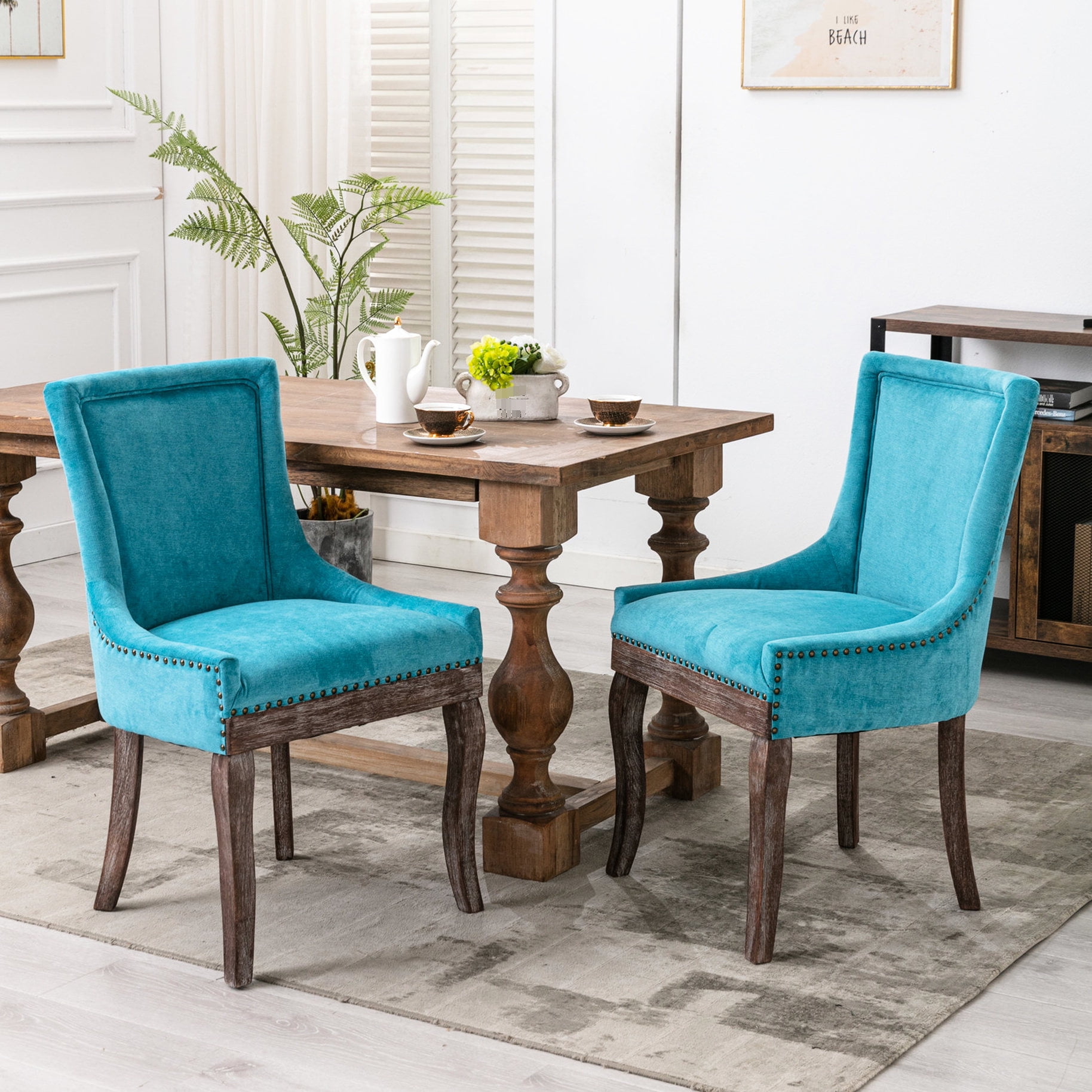 Blue Fabric and Solid Wood Legs - Stable Support - Dining Activities ...