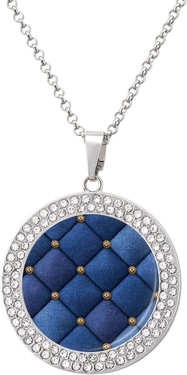 Blue Fabric with Buttons Round Pendant Necklace Silver Jewelry for ...