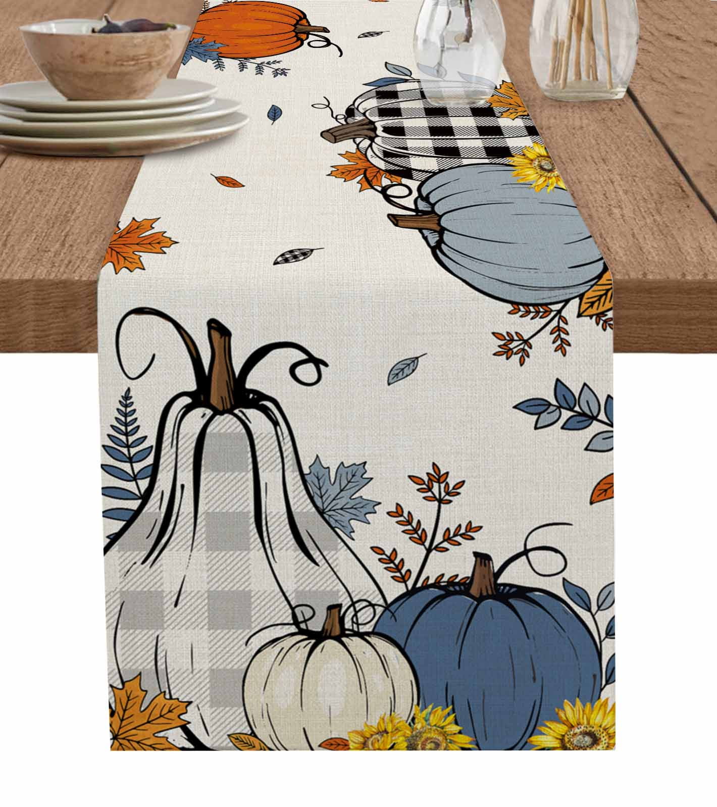 Blue Fall Burlap-Cotton Table Runner 90 Inches Long,Thanksgiving ...