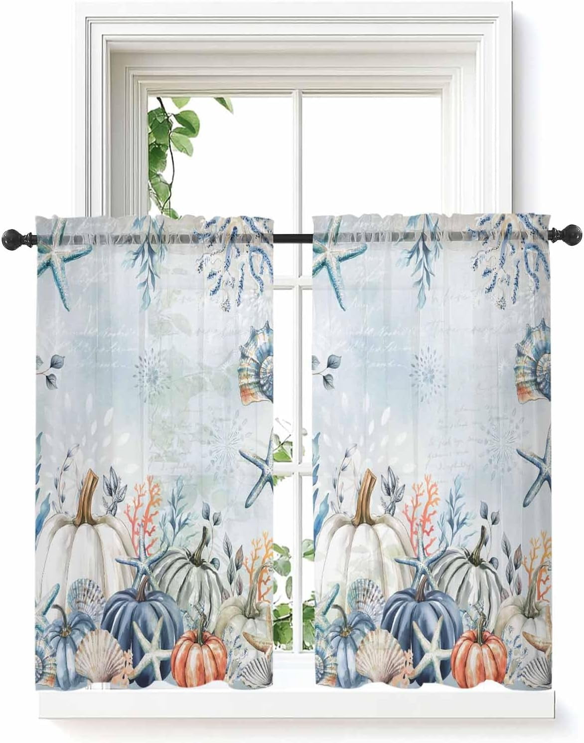 Blue Fall Coastal Sheer Kitchen Curtains 45 Inch Length, Autumn Pumpkin ...