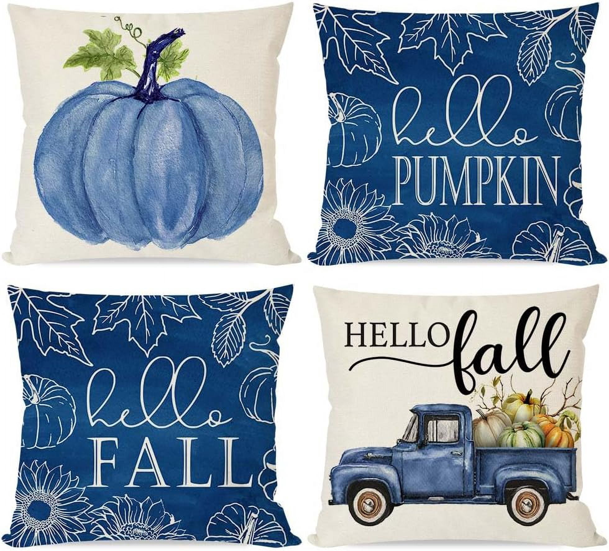Blue Fall Pillow Covers 16x16 Set of 4 Hello Pumpkin Truck Leaves ...