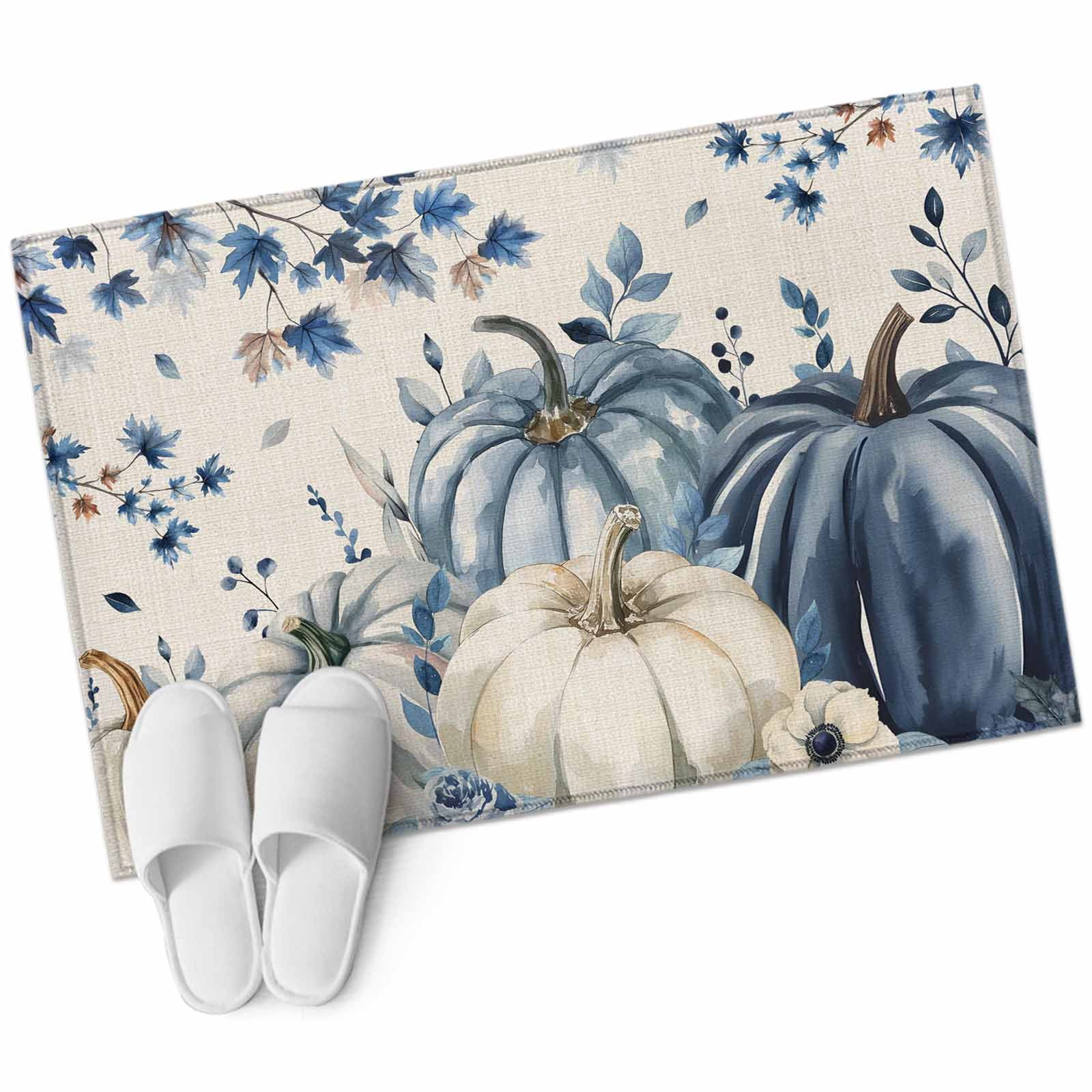 Blue Fall Pumpkins 2'x3' Washable Rug, Thanksgiving Maple Leaf Tree Non ...