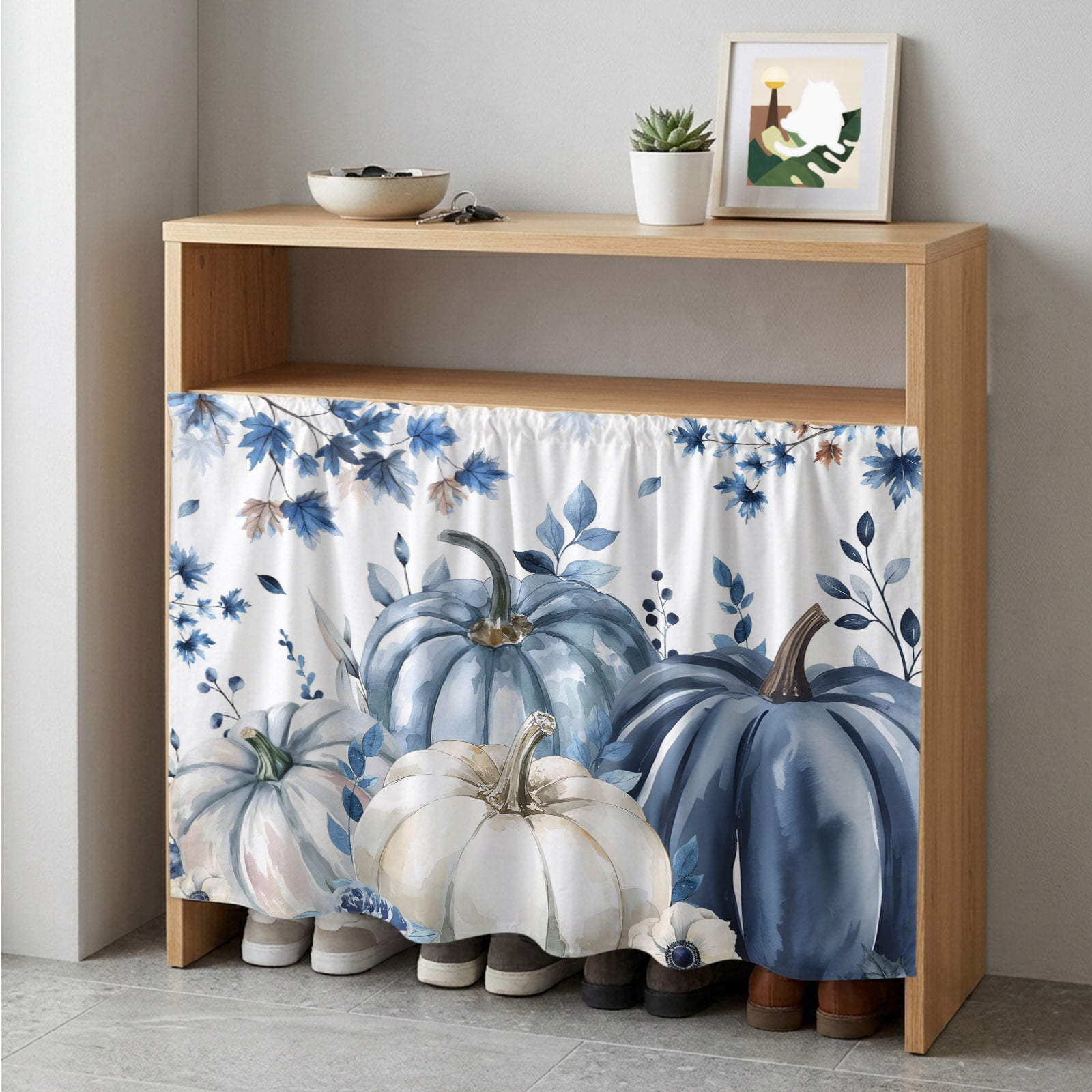 Blue Fall Pumpkins Cabinet Curtain 35"Wx35"L,Dustproof Under Sink Skirt ...