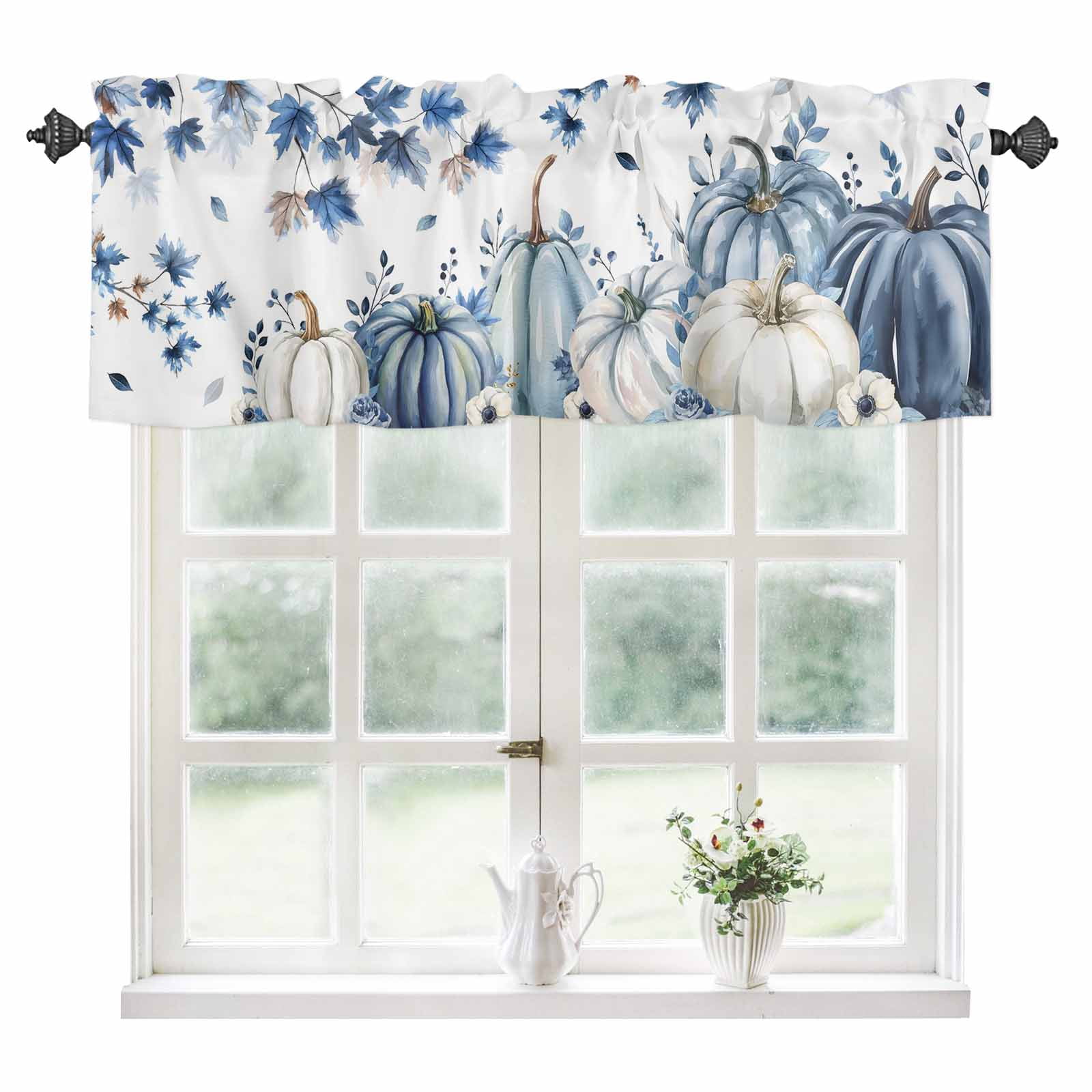 Blue Fall Pumpkins Kitchen Valances for Windows 60x18 Inch Kitchen ...