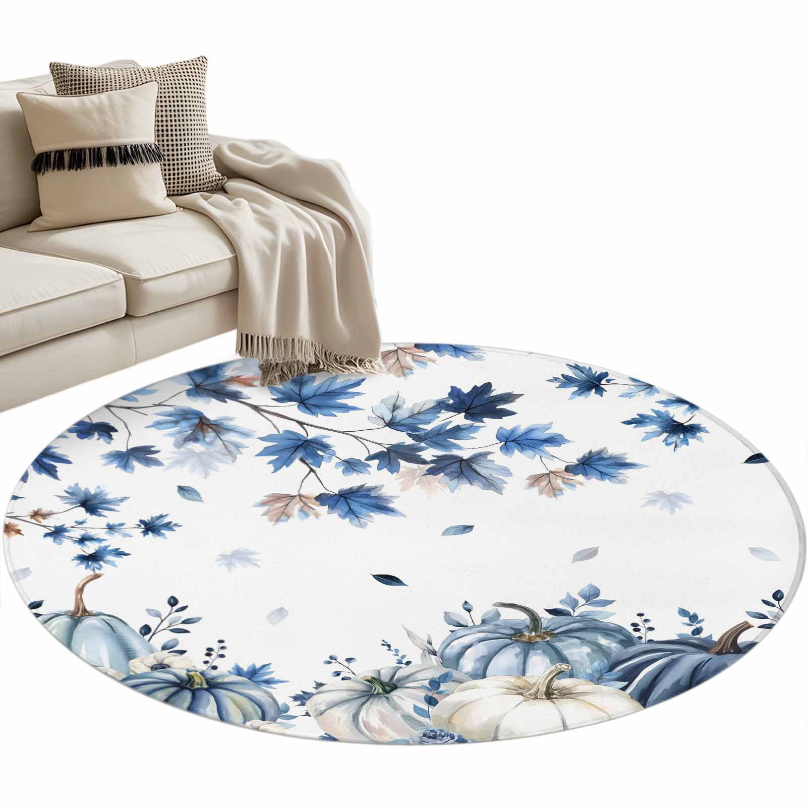 Blue Fall Pumpkins Round Area Rug 4ft, Maple Leaf Tree Thanksgiving ...
