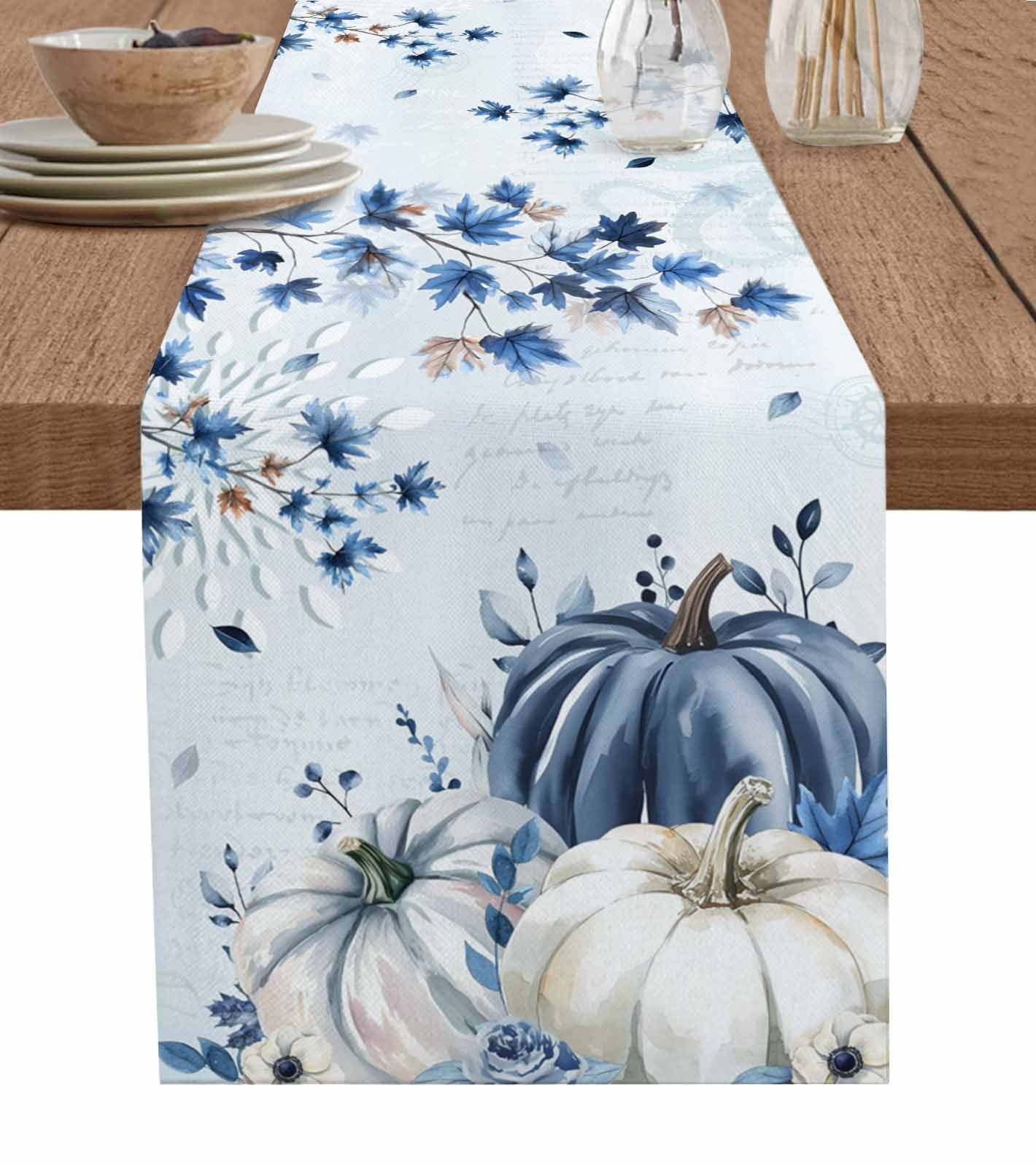 Blue Fall Pumpkins Table Runner 72 Inches, Thanksgiving Maple Leaf Tree ...