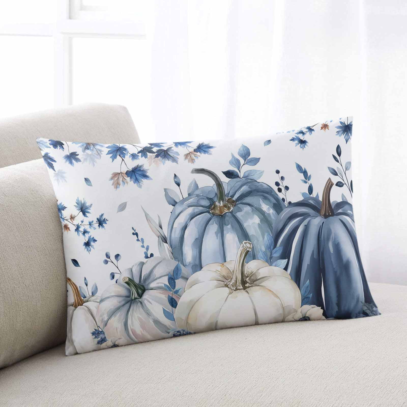 Blue Fall Pumpkins Throw Pillow Covers, Maple Leaf Tree Thanksgiving ...