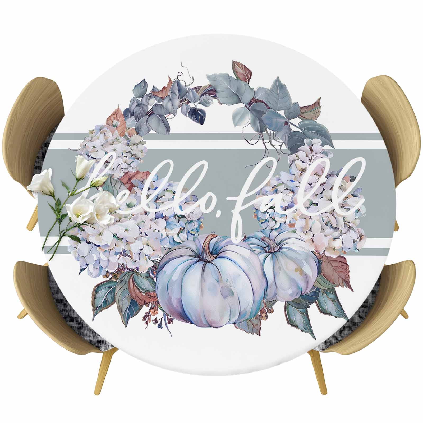 Blue Fall Table Cloth, Round Fitted Tablecloths with Elastic Edge ...