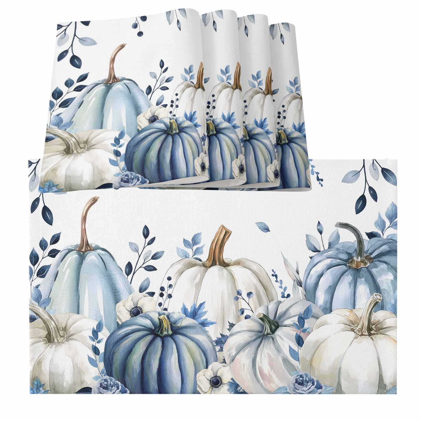 Blue Fall Thanksgiving Pumpkins Weeping Botanical Burlap Kitchen Place ...