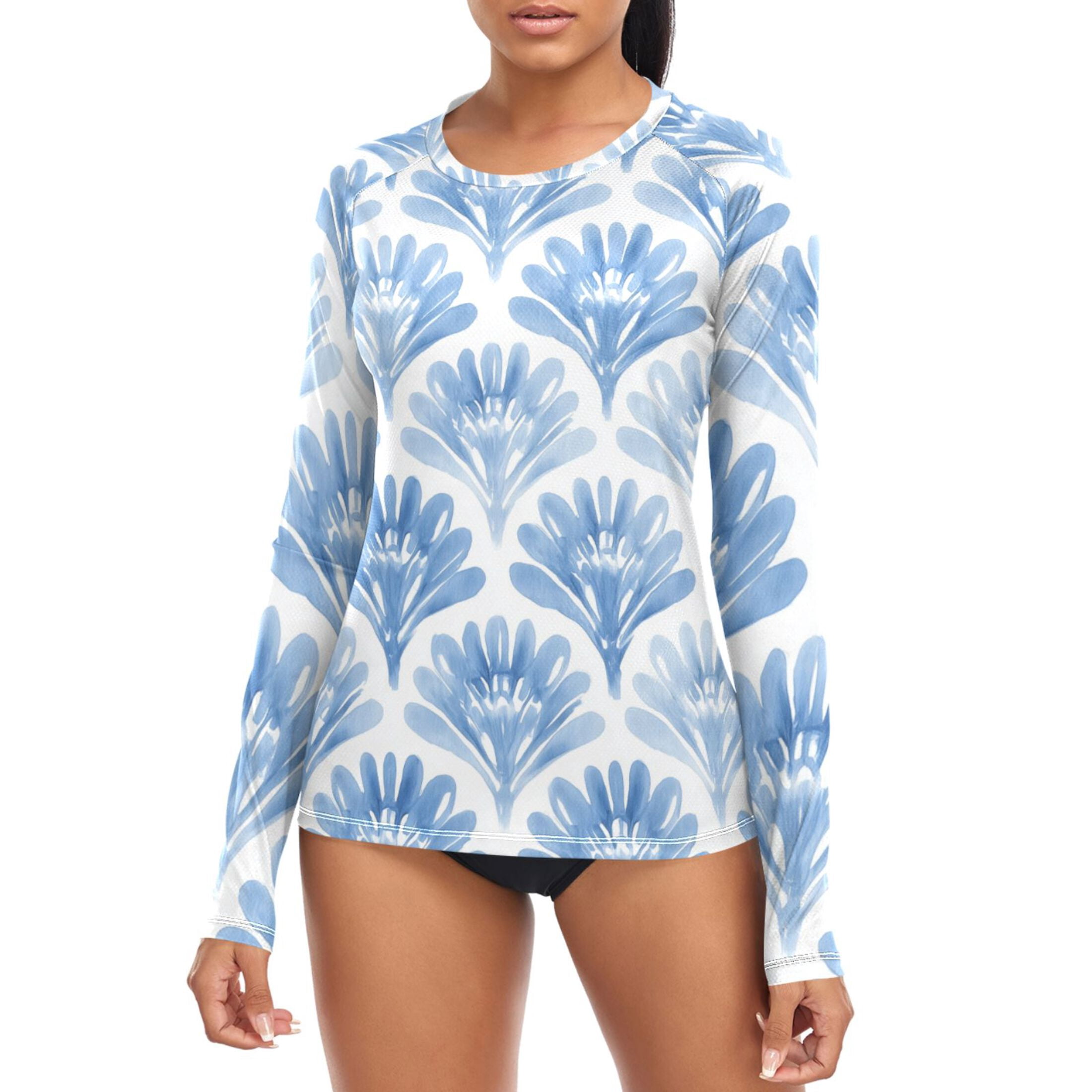 Blue Fan Pattern Watercolor Women's Rash Guard Shirts UPF 50+ Sun ...
