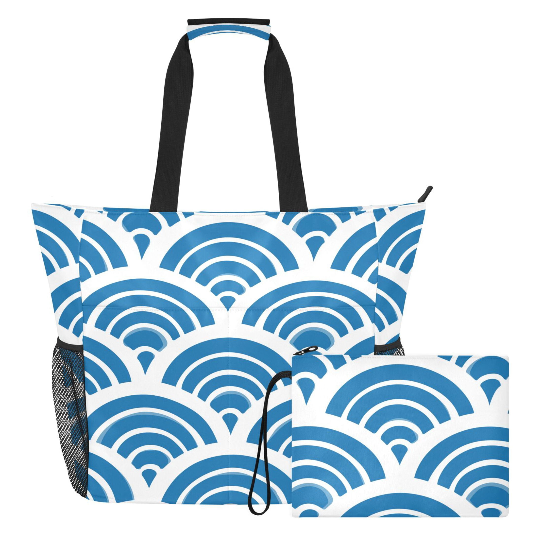 Blue Fans Pattern Beach Bag Travel Tote Bag Reusable Shopping Bag Gym ...