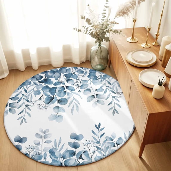 Blue Farm Eucalyptus Leaves Round Rug 3ft Watercolor Rustic Plants Leaf ...