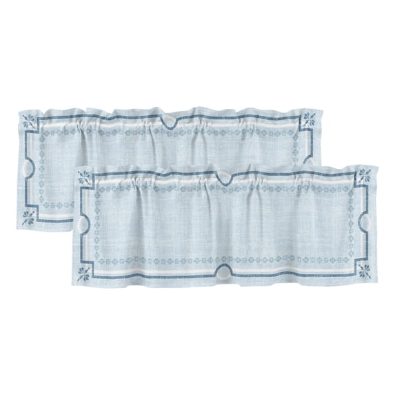 Blue Farmhouse 2 Panels Kitchen Valance, Linen Texture Geometric Lines ...