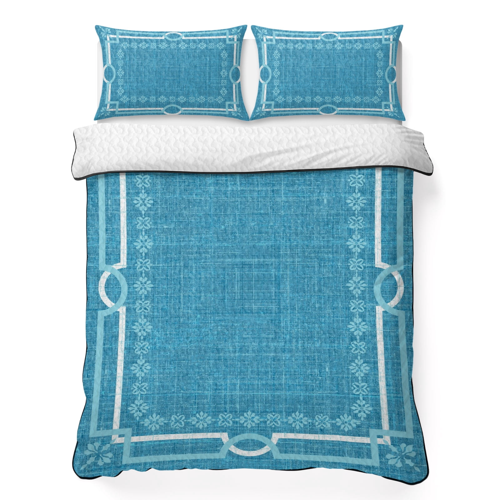 Blue Farmhouse 3 Piece Quilt Bedding Set with 2 Pillow Shams, Linen ...