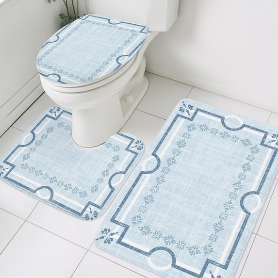 Blue Farmhouse Bathroom Rugs Set Linen Texture Geometric Lines Floral ...