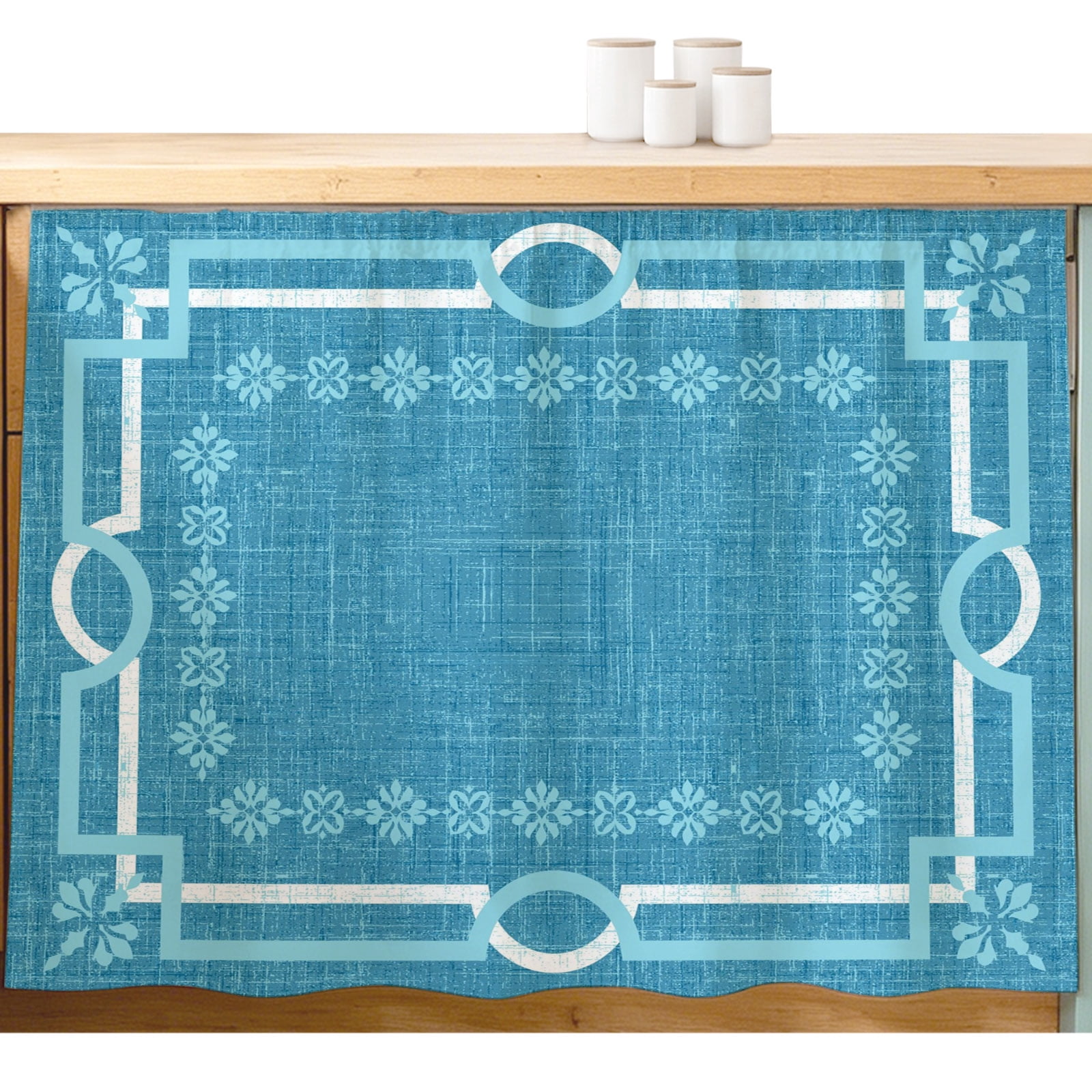 Blue Farmhouse Cabinet Curtains 11" W x 13" L, Linen Texture Geometric ...