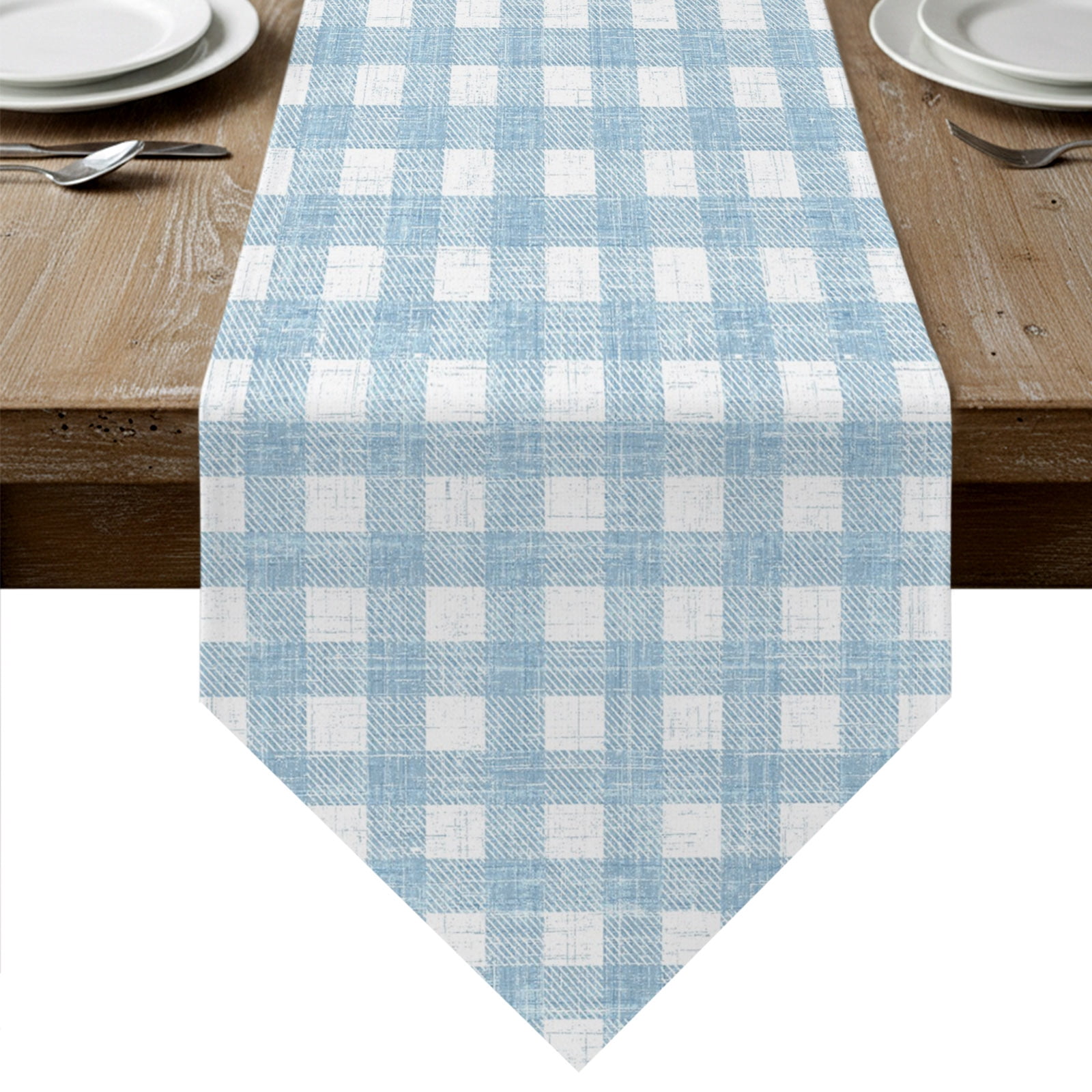 Blue Farmhouse Check Table Runner Linen Burlap Table Runner 60 Inches ...