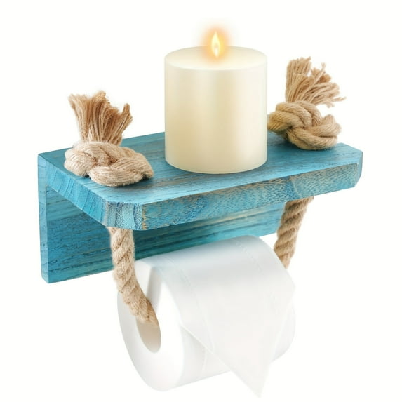 Blue Farmhouse Coastal Beach Rope Toilet Paper Holder with Wood Shelf ...