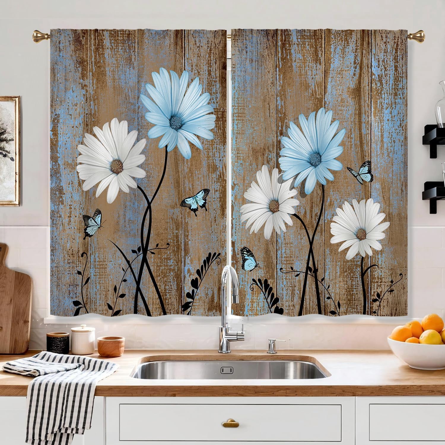 Blue Farmhouse Daisy Curtains KitchenWooden Barn Plank Small Short Cafe ...