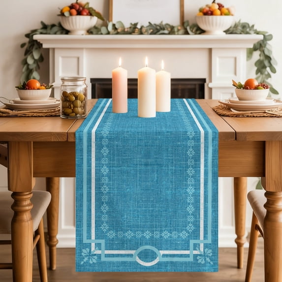 Blue Farmhouse Dining Table Runner, Linen Texture Geometric Lines ...
