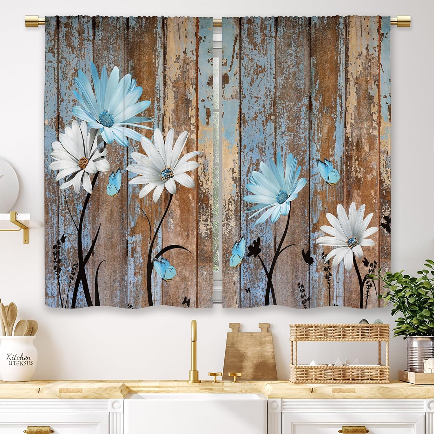 Blue Farmhouse Flower Kitchen Curtains Wooden Barn Plank Small Short ...