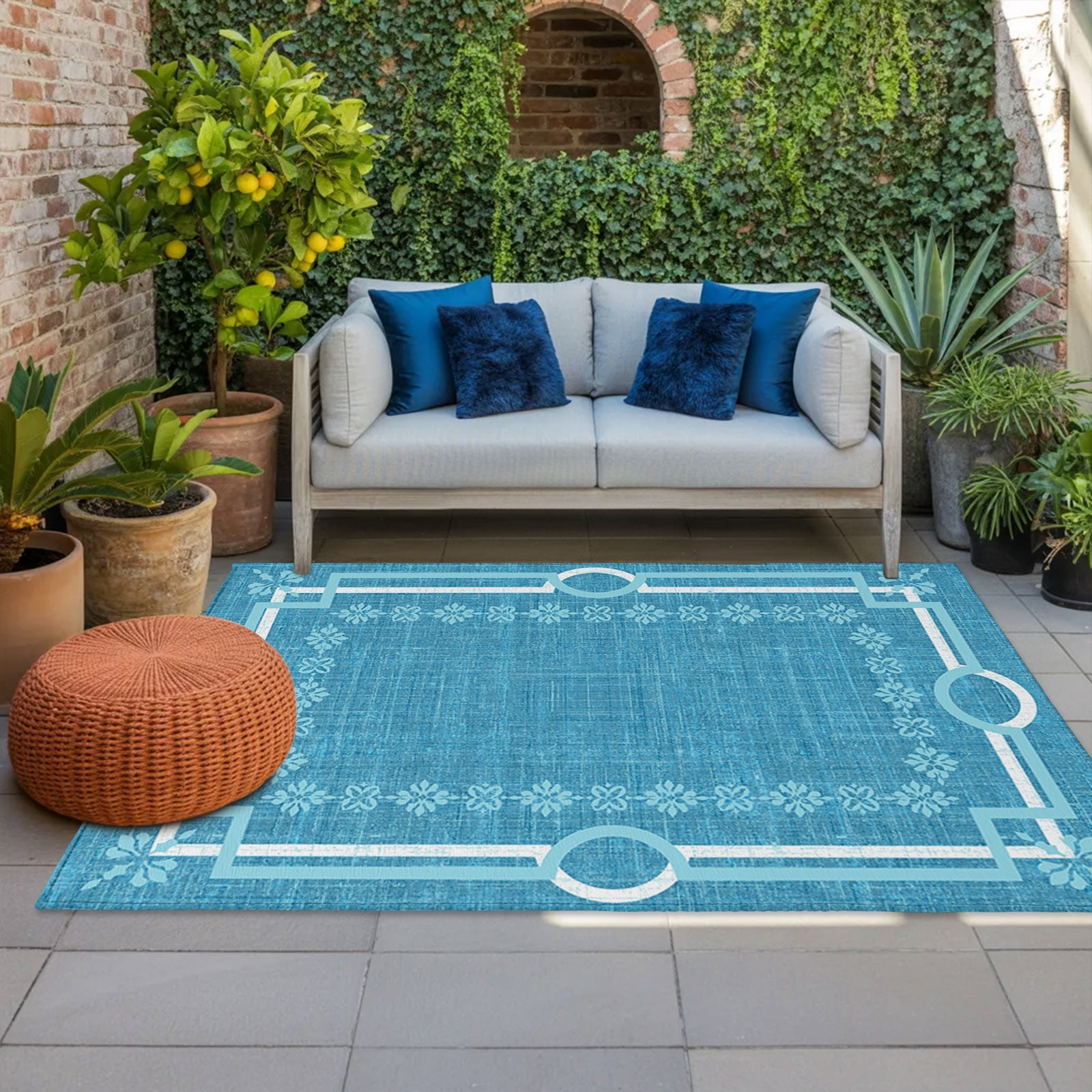 Blue Farmhouse Indoor Outdoor Rugs 6x9 Ft, Linen Texture Geometric ...