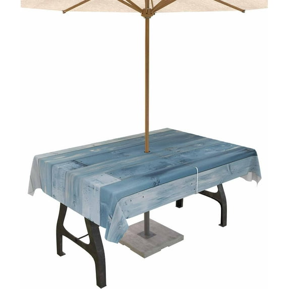 Blue Farmhouse Outdoor Tablecloth with Umbrella Hole Rectangle, Vintage ...