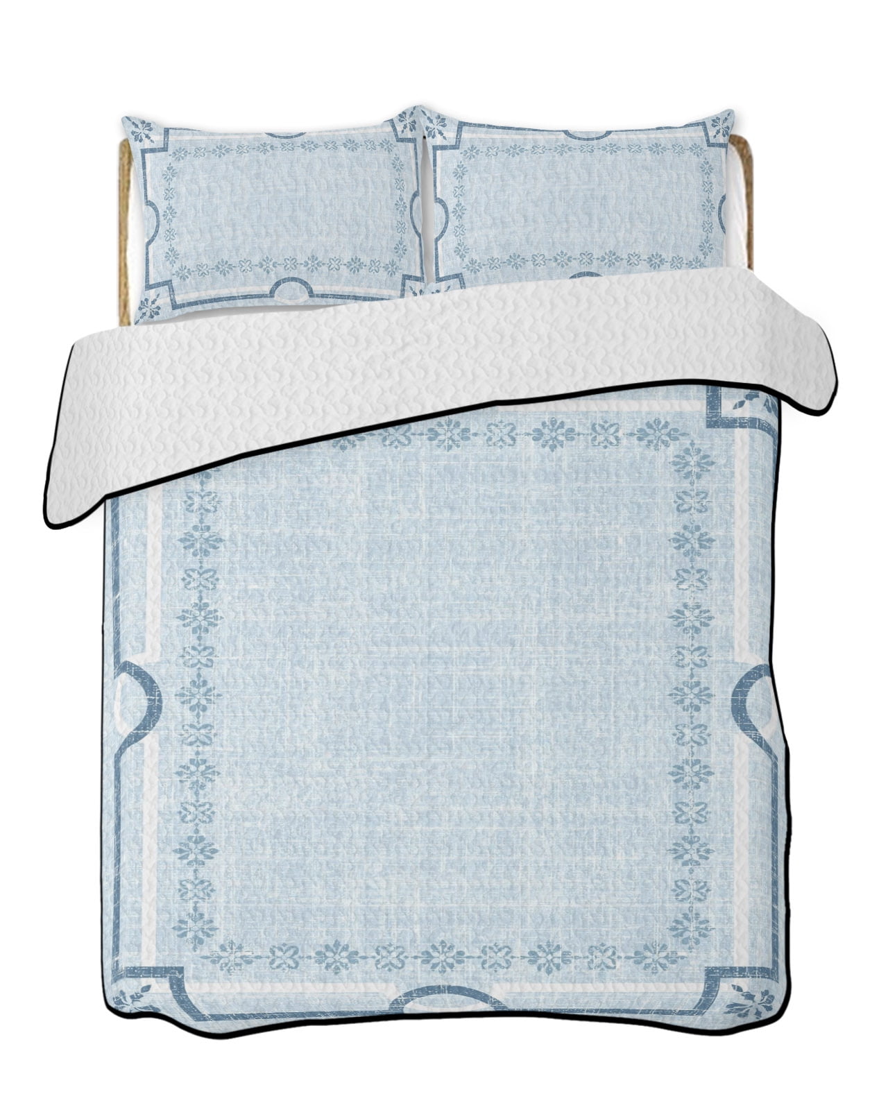 Blue Farmhouse Quilts Bedding Set King Size Linen Texture Geometric ...