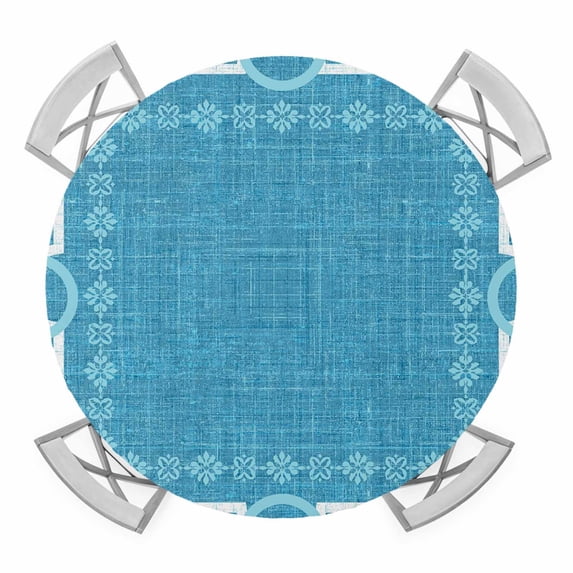 Blue Farmhouse Round Table Cover, Linen Texture Geometric Lines Floral ...