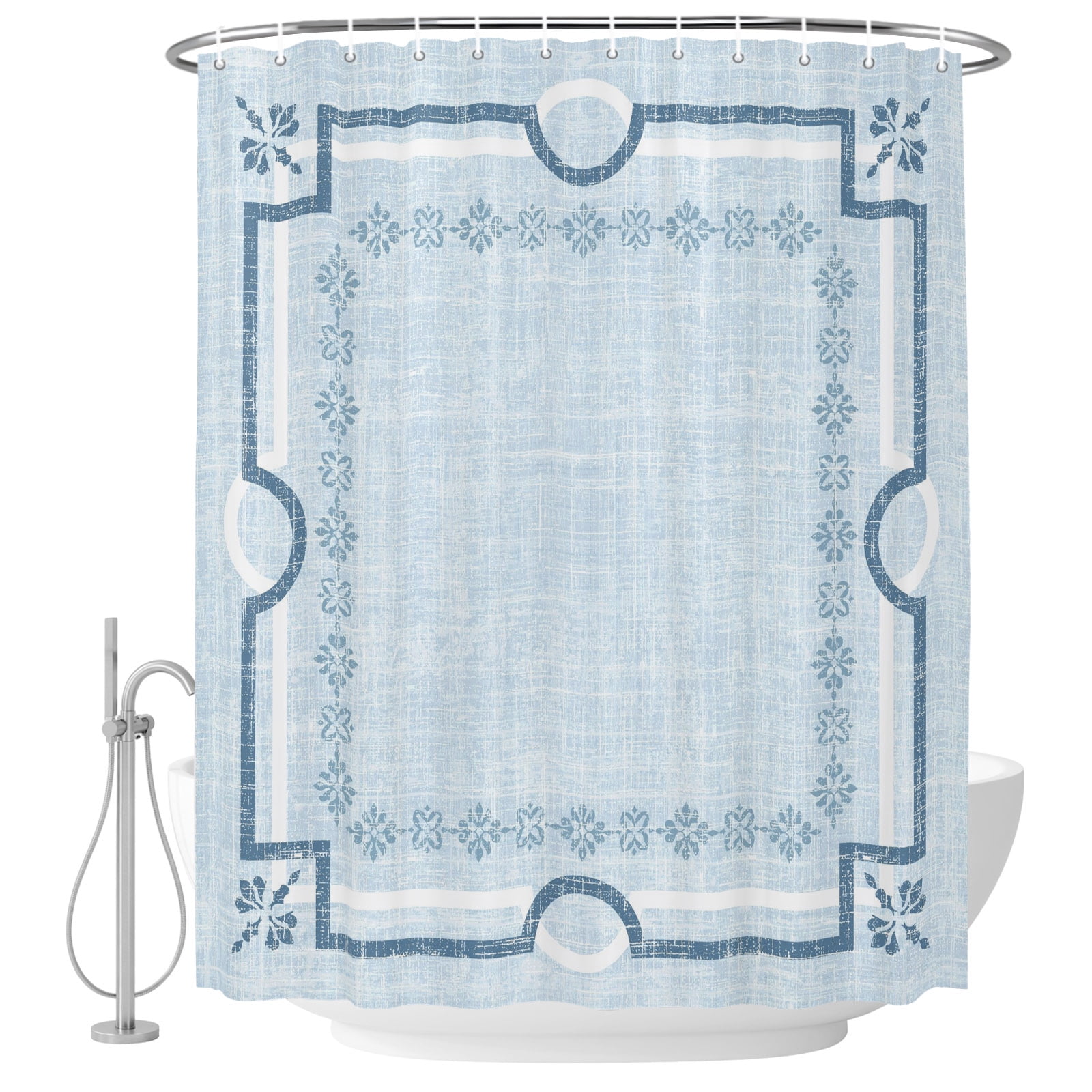 Blue Farmhouse Shower Curtain for Bathroom, Linen Texture Geometric ...