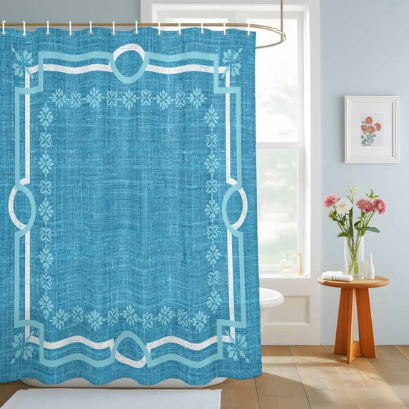 Blue Farmhouse Shower Curtain, Linen Texture Geometric Lines Floral ...