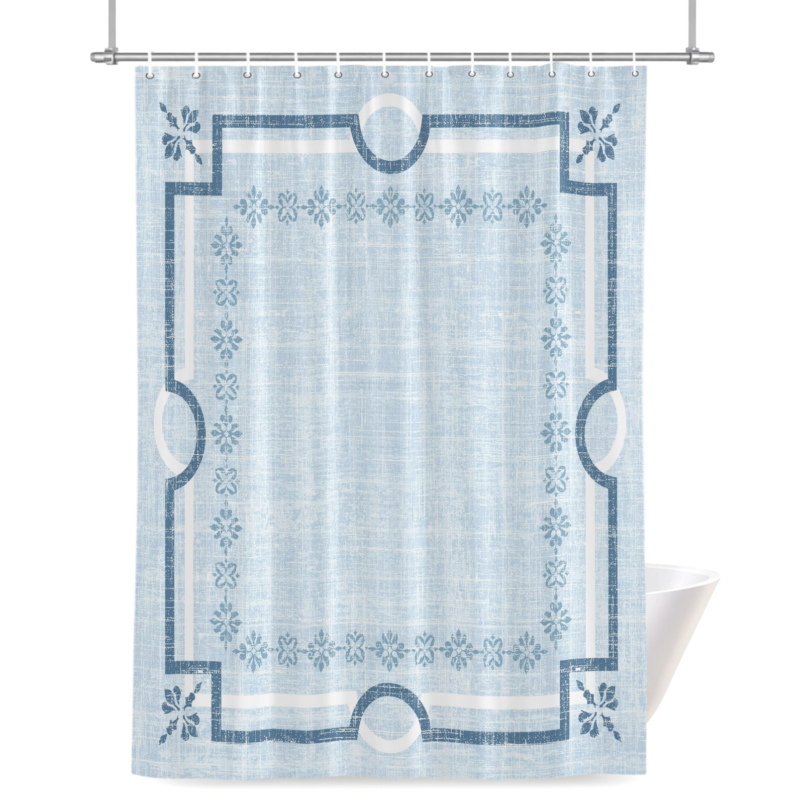 Blue Farmhouse Shower Curtain, Linen Texture Geometric Lines Floral ...