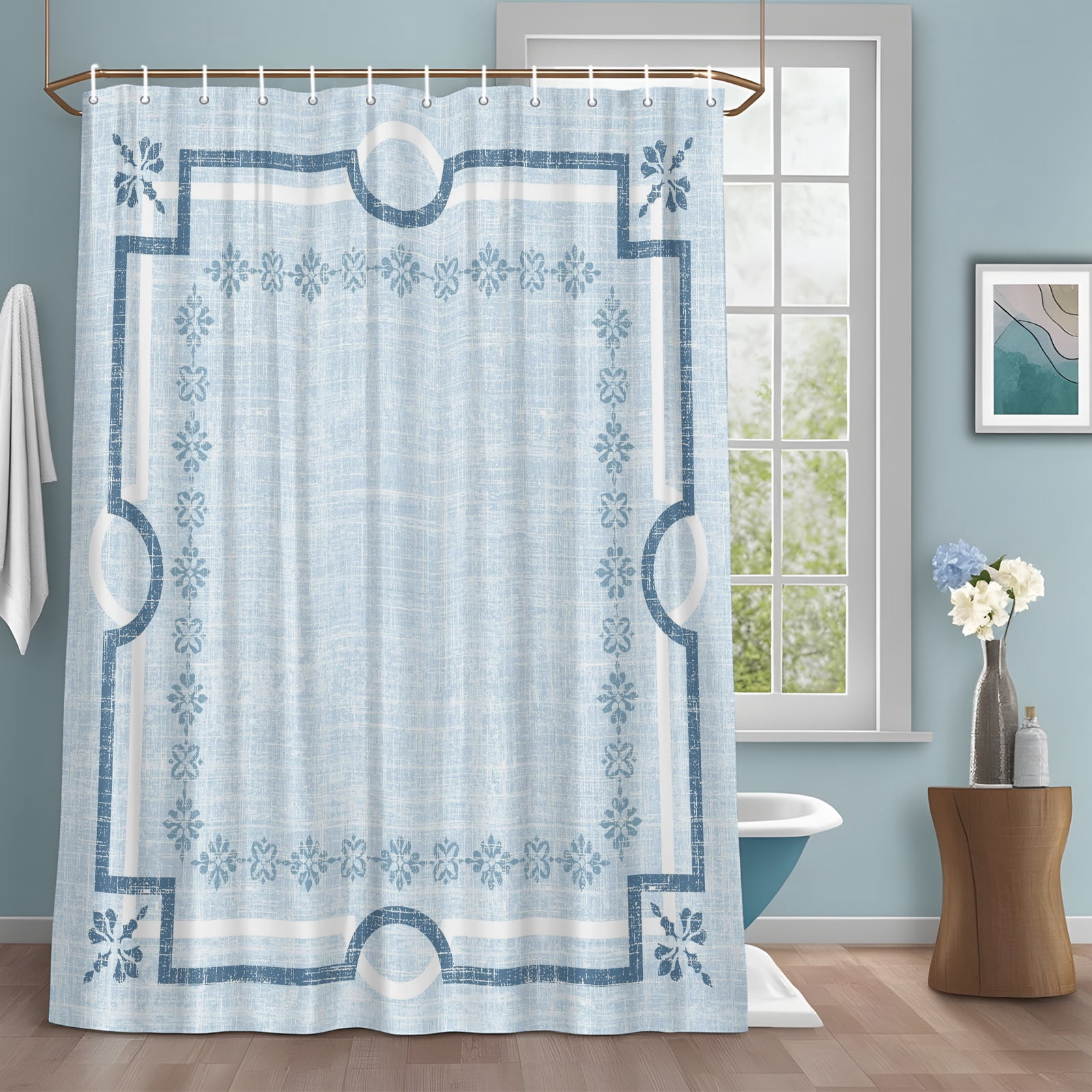 Blue Farmhouse Shower Curtain Set with Hooks, Linen Texture Geometric ...