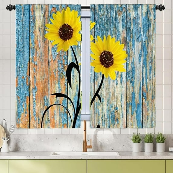 Blue Farmhouse Sunflower Kitchen Curtains Wooden Flower Small Short ...