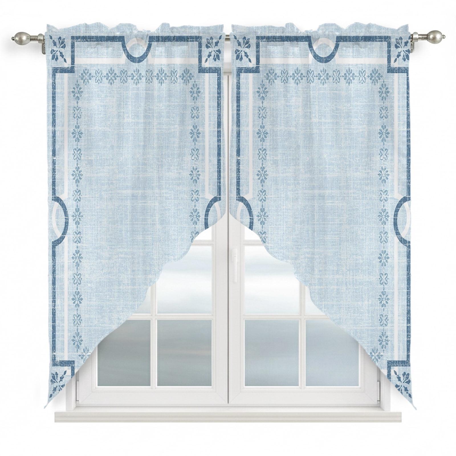 Blue Farmhouse Swag Valances for Windows 2 Pack Linen Texture Geometric ...