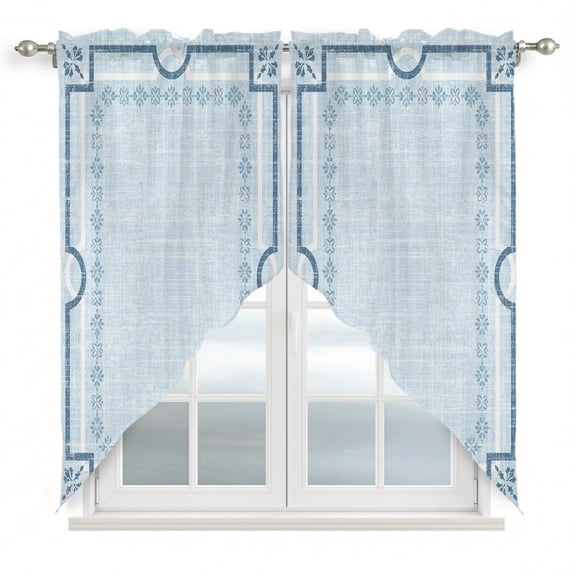 Blue Farmhouse Swag Valances for Windows 2 Pack Linen Texture Geometric ...