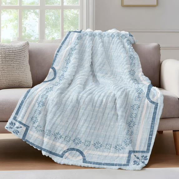 Blue Farmhouse Throw Blanket for Couch Linen Texture Geometric Lines ...