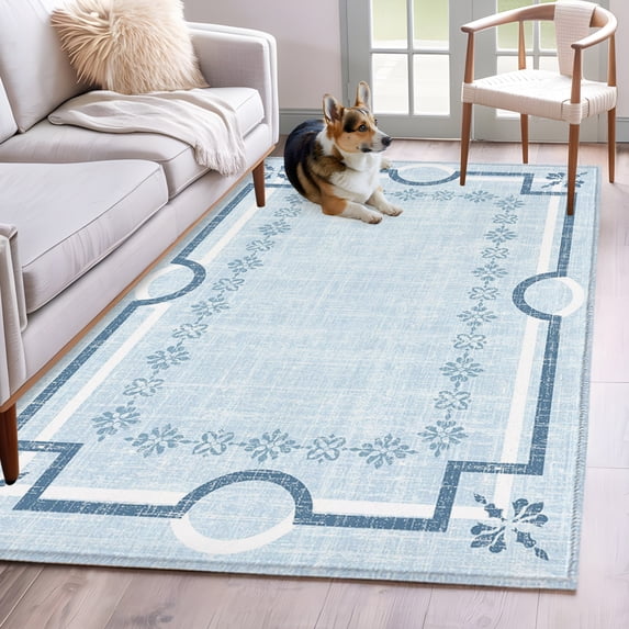 Blue Farmhouse Washable Area Rug 3x5 Linen Texture Geometric Lines ...