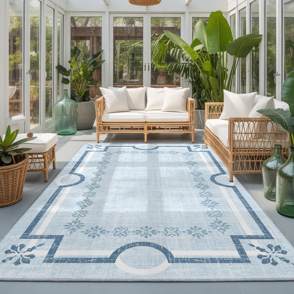Blue Farmhouse Washable Living Room Rugs 6'x9', Linen Texture Geometric ...