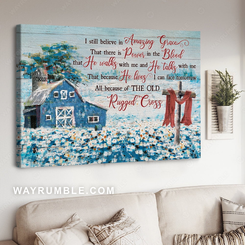 Blue Farmhouse, Watercolor Style Style Flowers, Wooden Cross, I Still ...