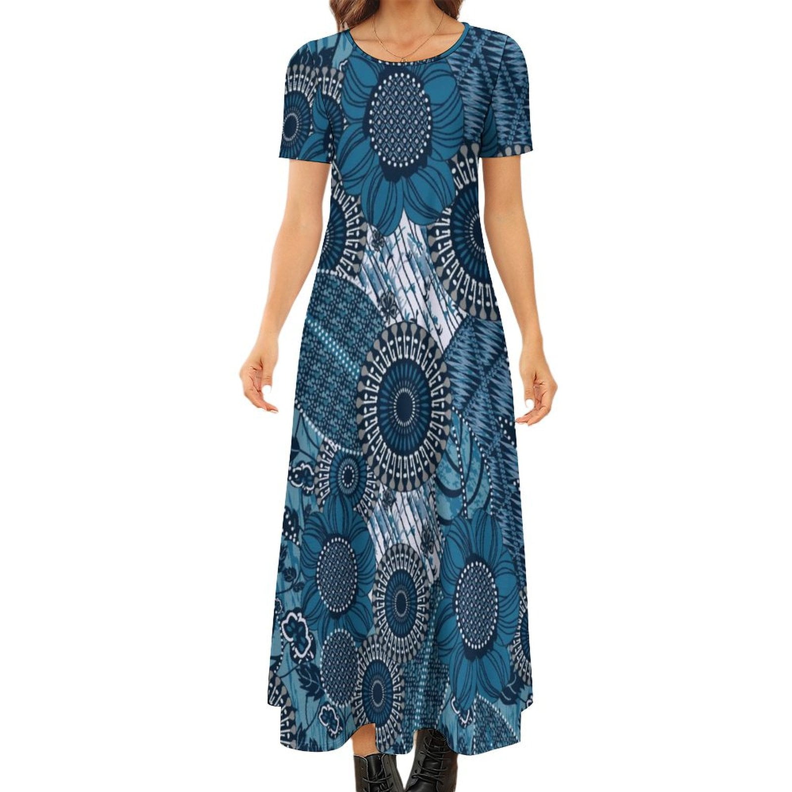 Blue Fashion Pattern Maxi Dress for Women Crew Neck Beach Dress Short ...