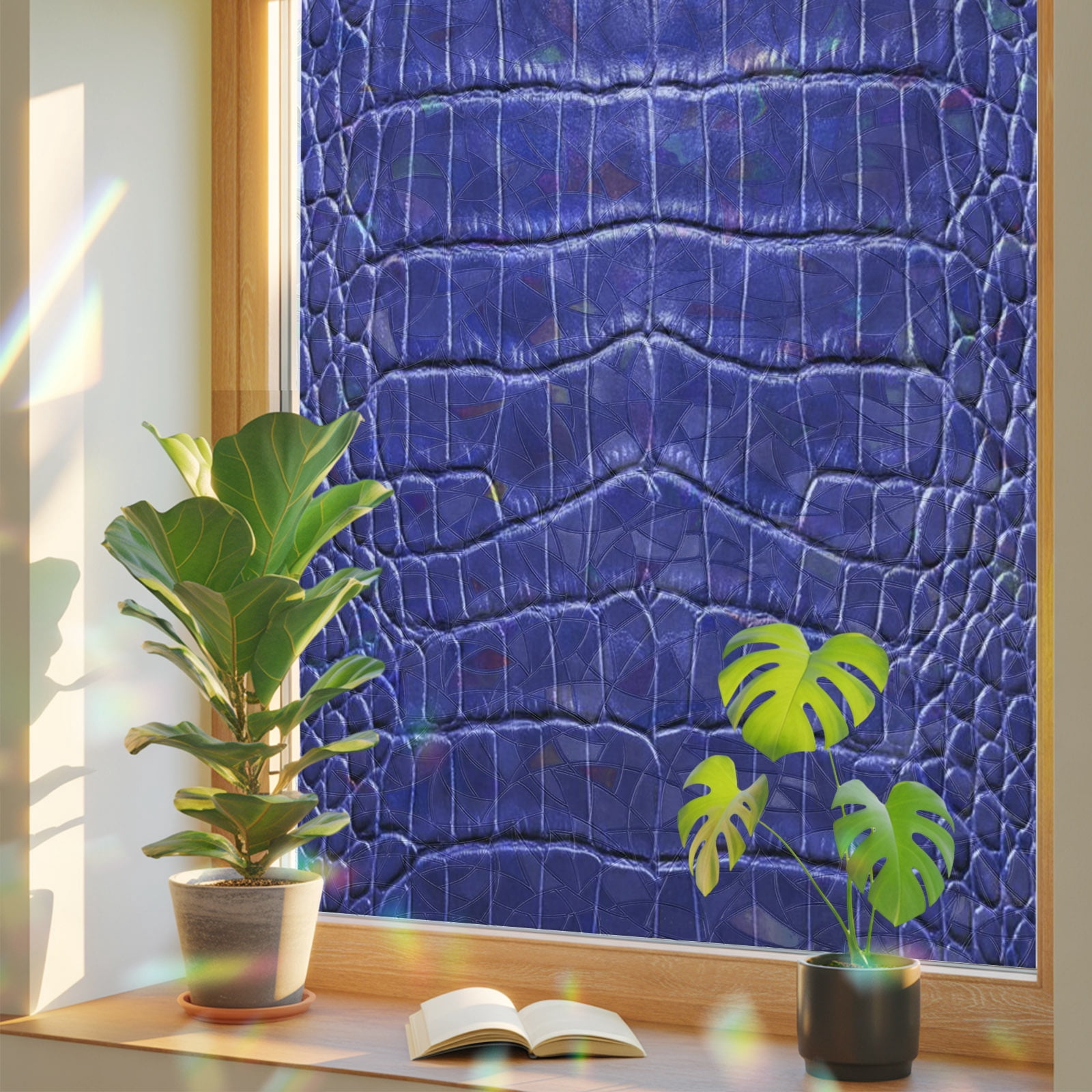 Blue Faux Leather Printed Window Privacy Film Rainbow Static Cling ...