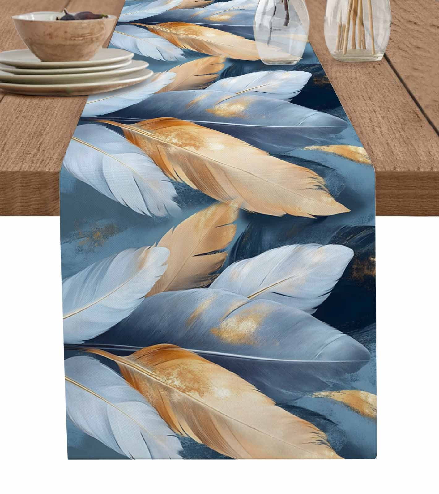 Blue Feather Burlap Cotton Table Runner 13x70 Inches Long, Abstract Modern Golden Art Painting ...