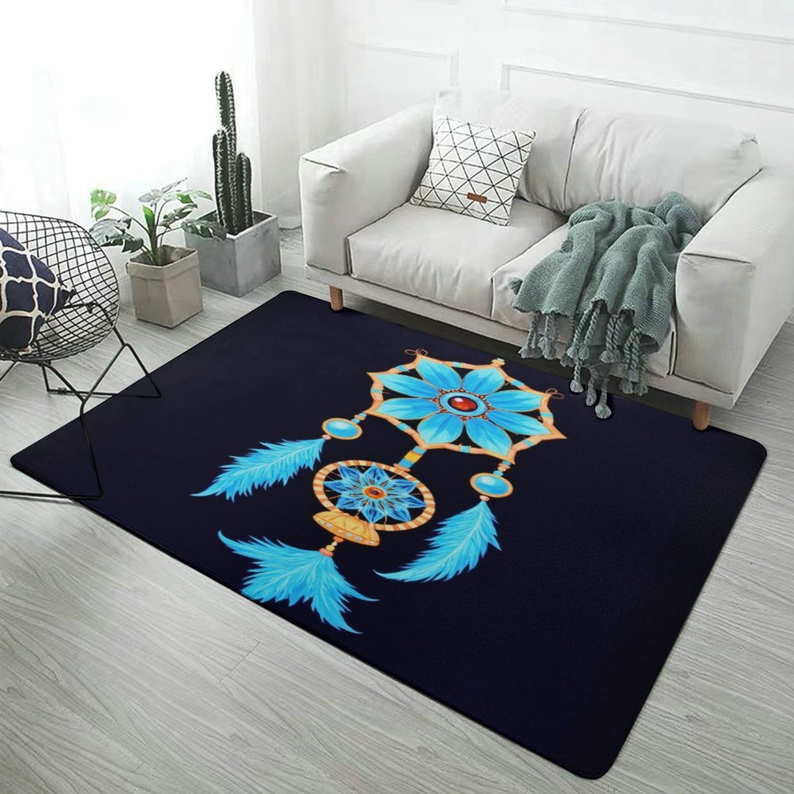 Blue Feather Dreamcatcher Ornament Carpet Style Living Room Bedroom Rug ...