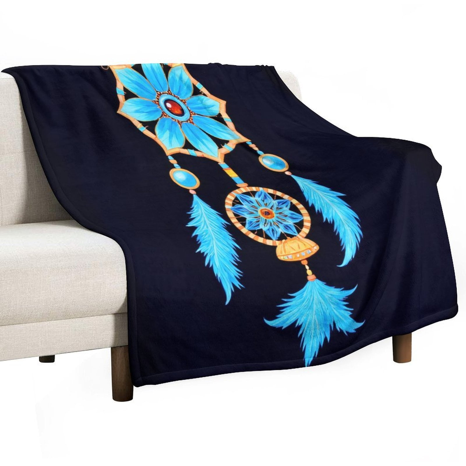 Blue Feather Dreamcatcher Ornament Throws Blankets for Sofa Bed Winter Plush Warm Blanket ...