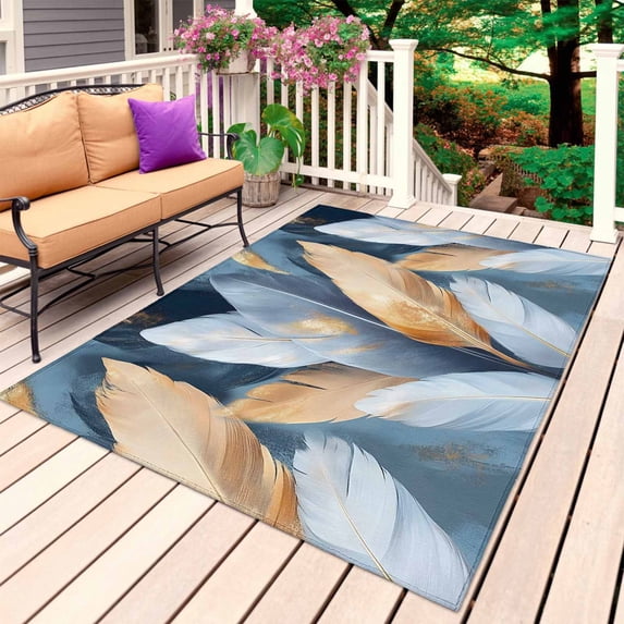 Blue Feather Outdoor Rug 5x7 Ft, Non Slip Washable Area Rug, Abstract ...