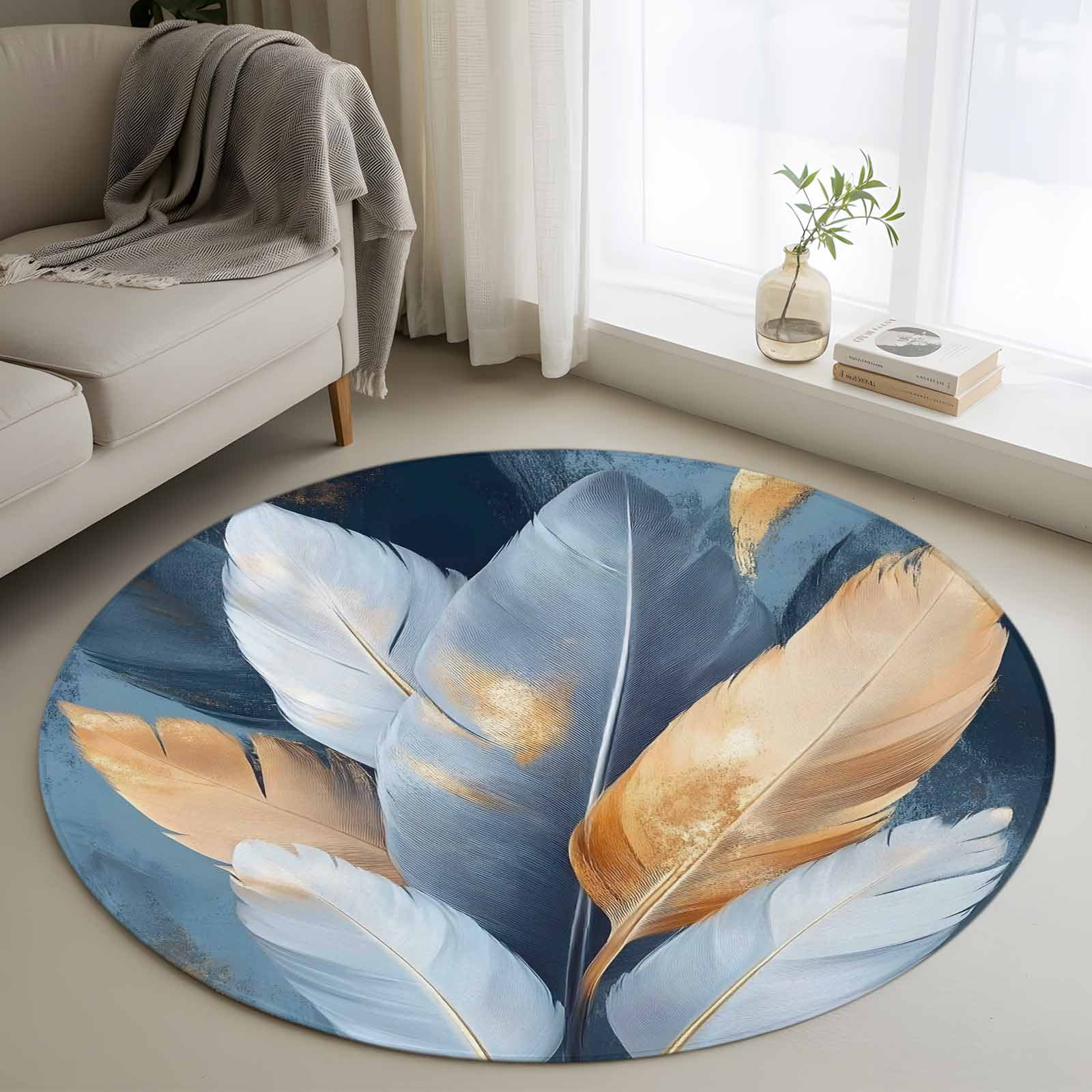 Blue Feather Round Rug 4ft Washable Circle Entryway Rugs Non Slip ...
