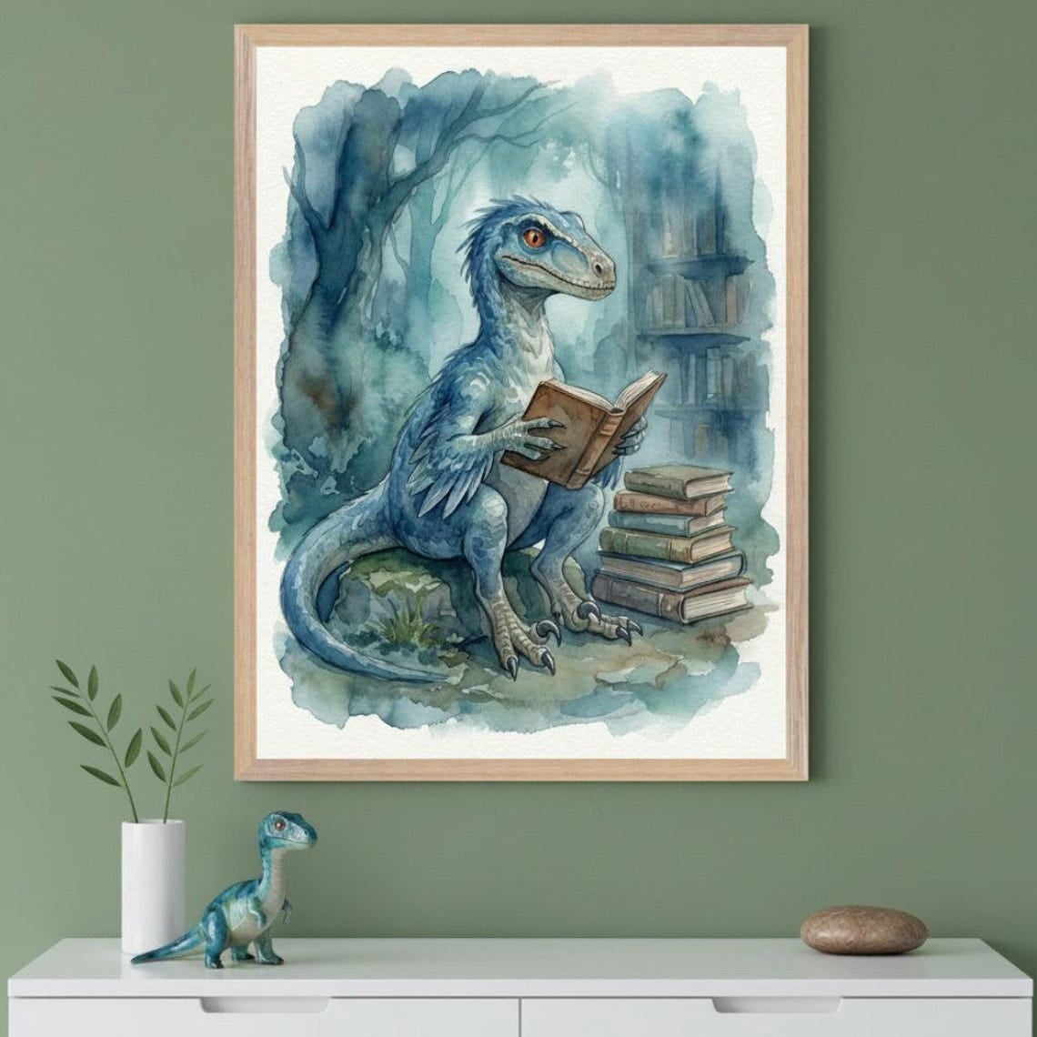 Blue Feathered Dinosaur Illustration Wall Art Reading Dino Nursery ...