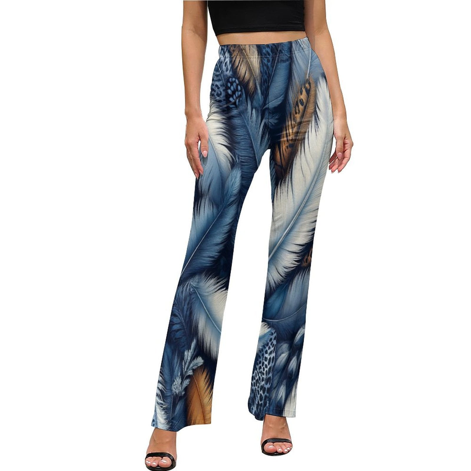 Blue Feathers Leopard Spots Pattern High Waisted Casual Flared Trousers ...